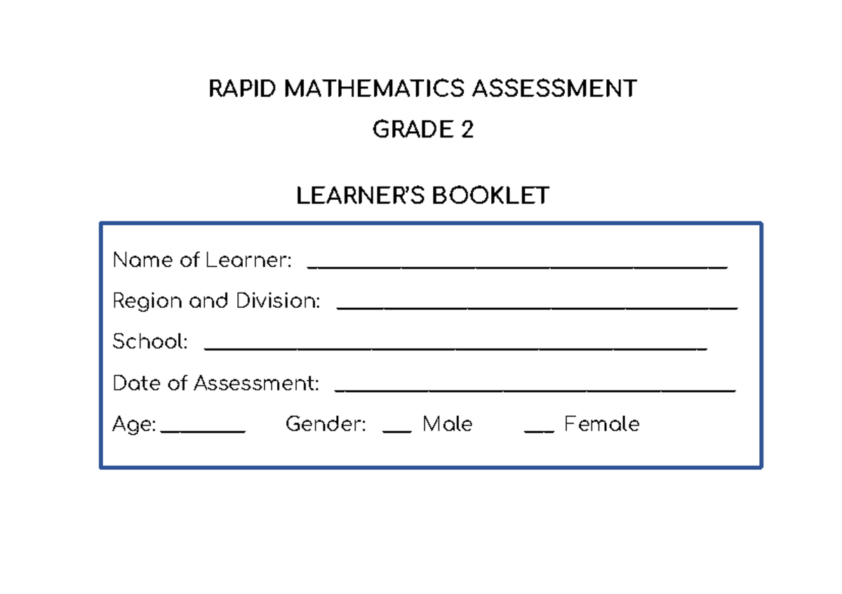 RMA Final Assessment for Grade 2 Learners Booklet - July 2023 - Studocu