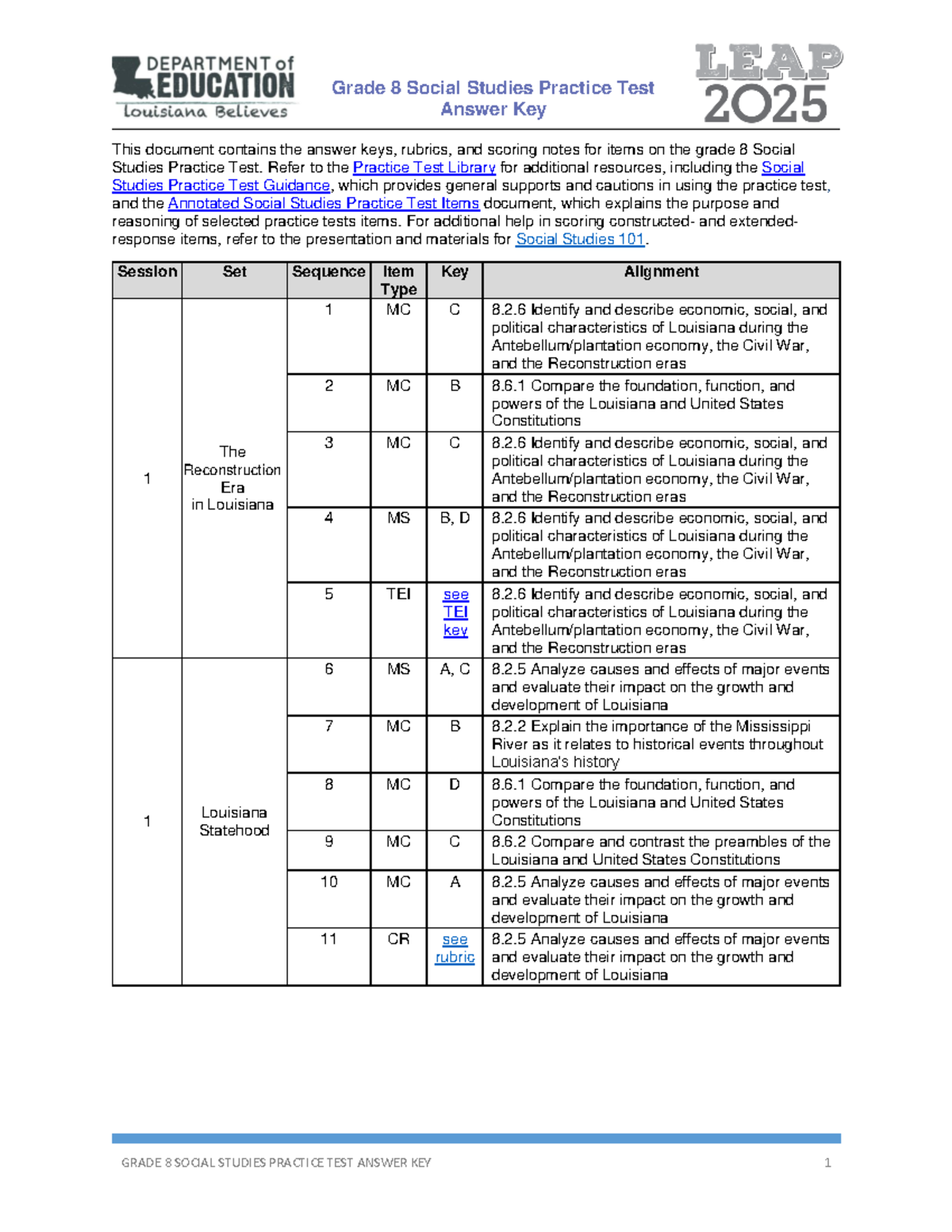 LEAP 2025 Grade 8 Social Studies Practice Test Answer Key and Rubrics ...