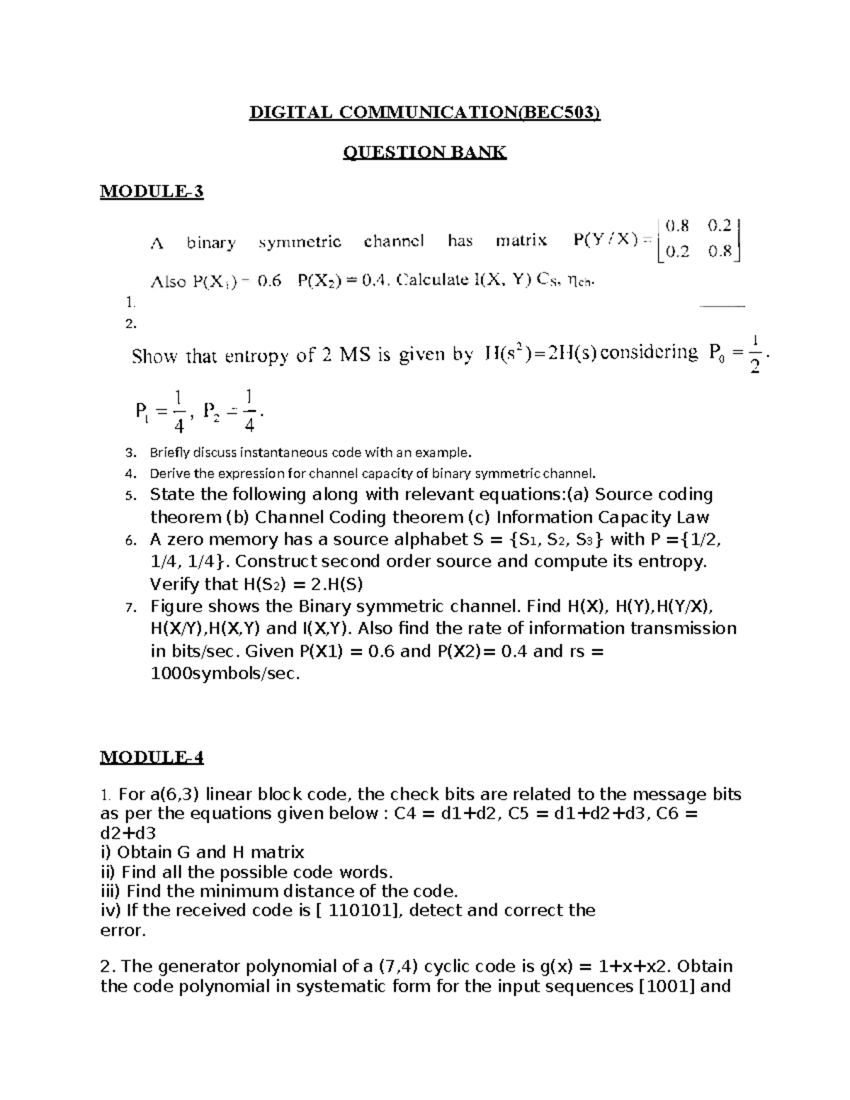 DIGITAL COMMUNICATION (BEC503) CIE 2 Question Bank - Studocu
