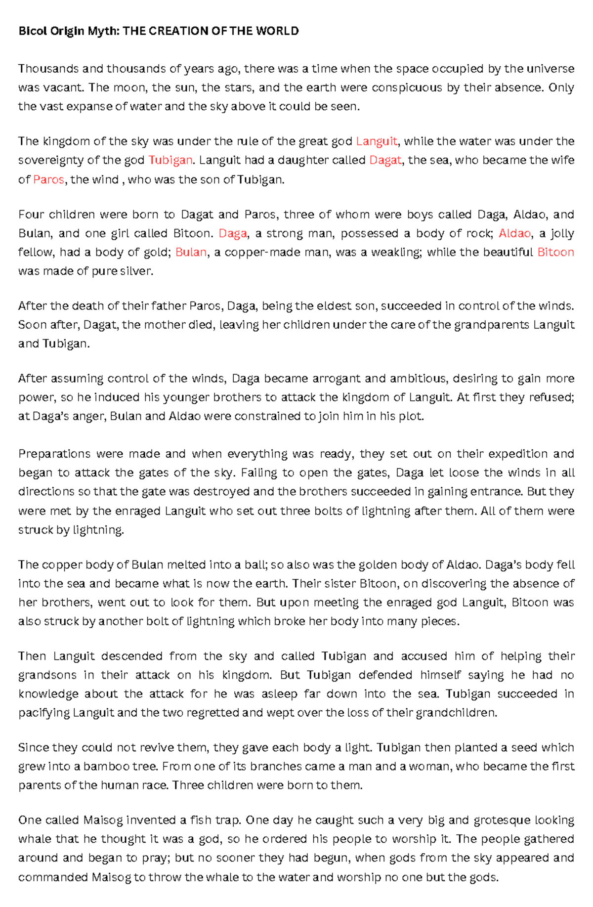 Origin of earth and man & creation of the world - Bicol Origin Myth ...