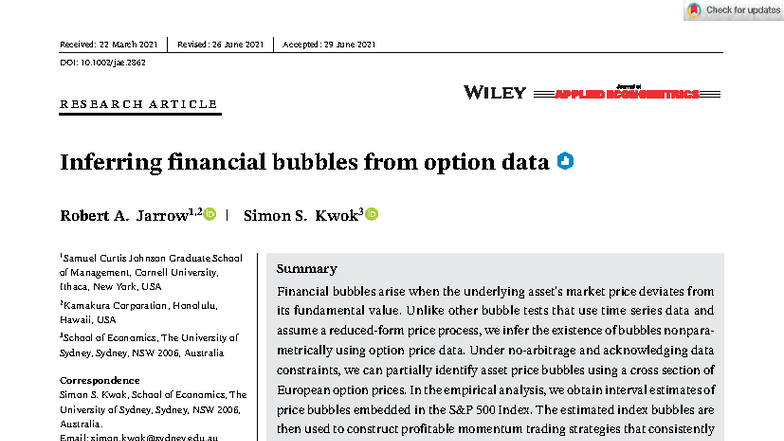 Inferring Financial Bubbles from Option Data: JAE Research Report - Studocu