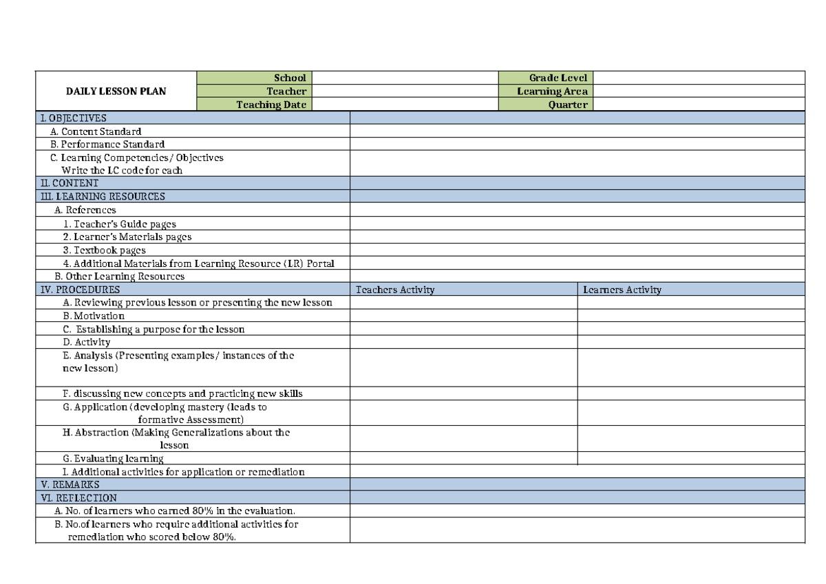 Daily Lesson Plan (DLP) Template for Teachers - Studocu