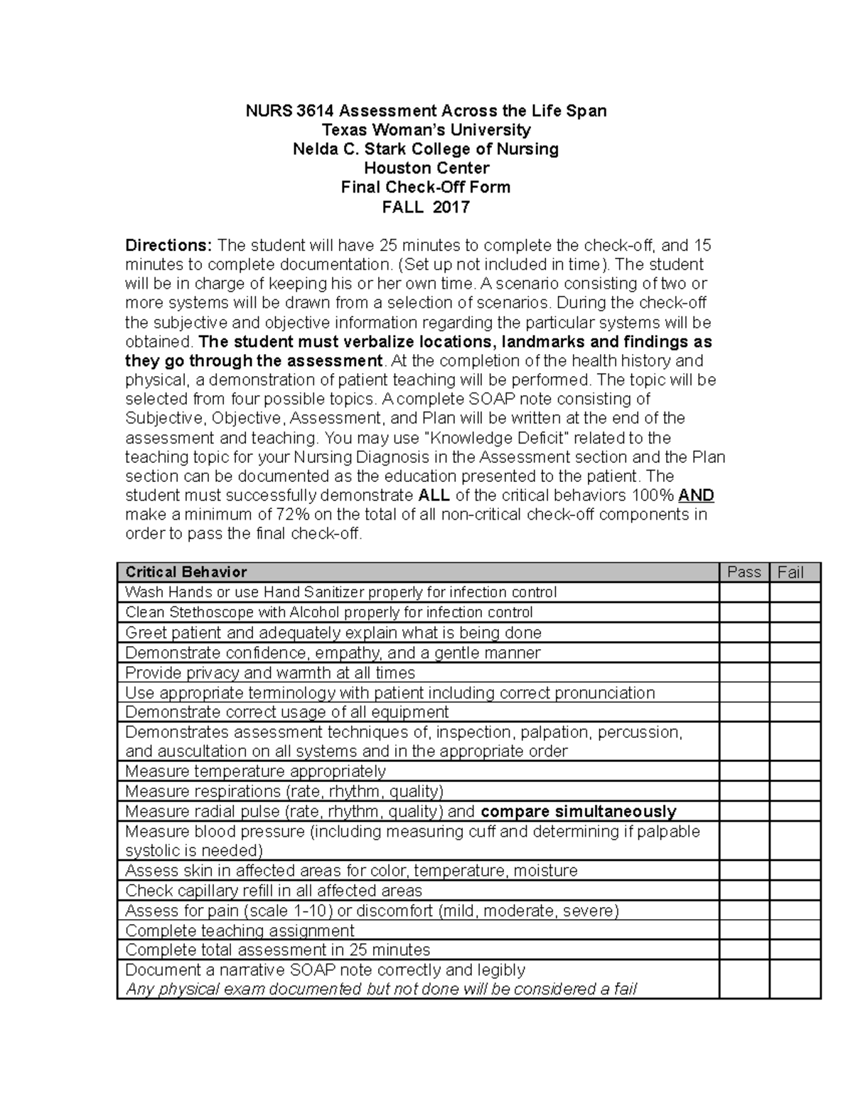 Final Check-off form - NURS 3614 Assessment Across the Life Span Texas ...