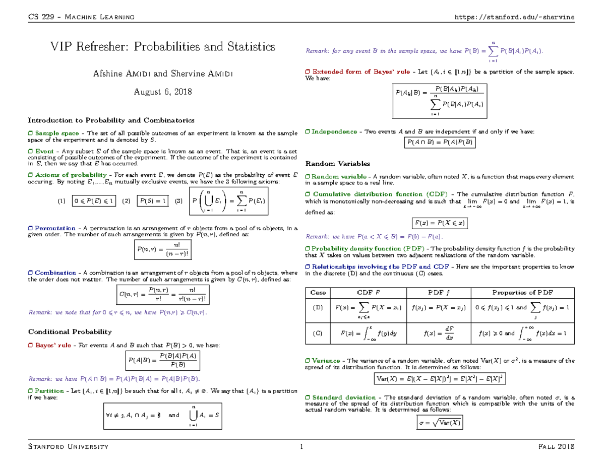 CS 229 Machine Learning: Refresher on Probabilities & Statistics - Studocu