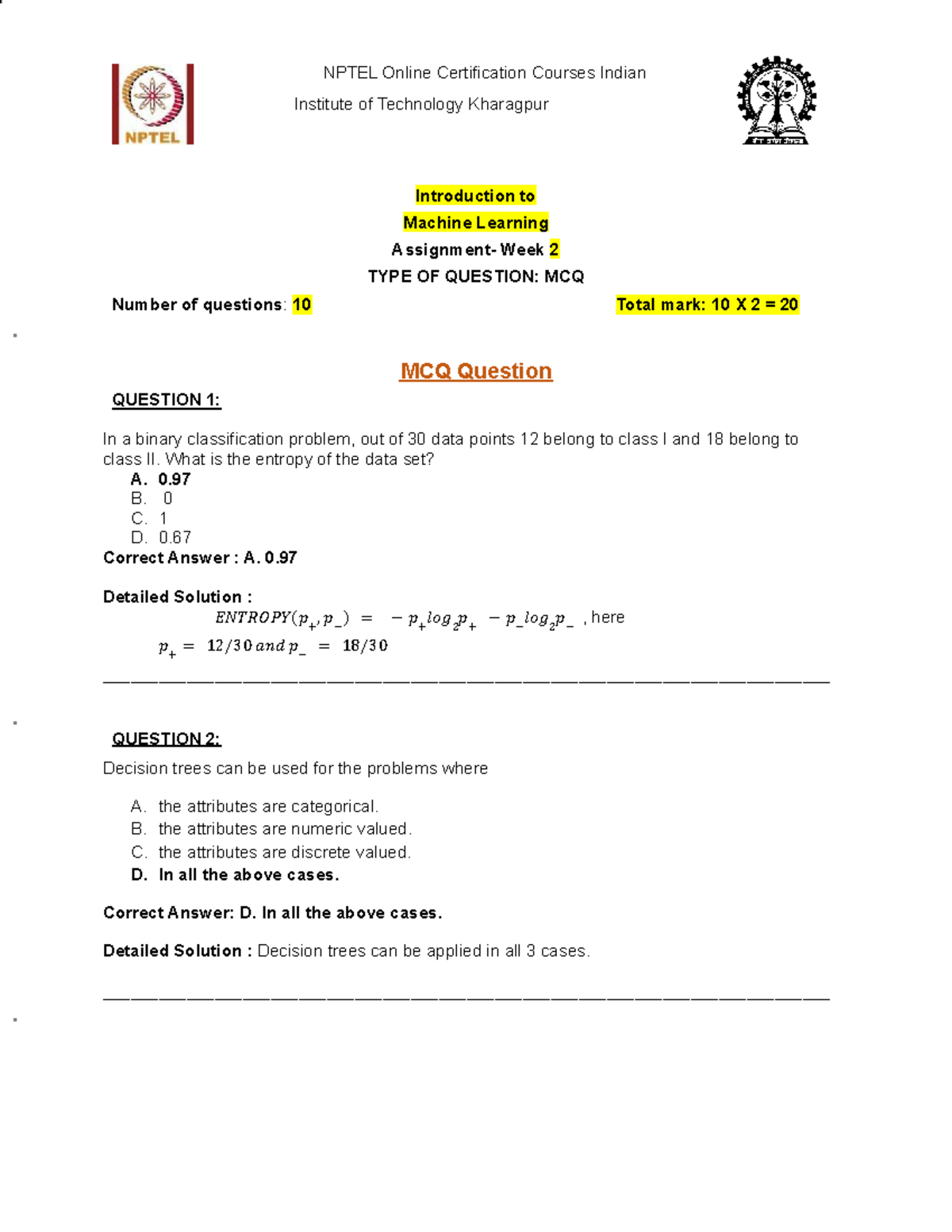 NPTEL ML Course IIT Kharagpur Week 2 Assignment Answers - Studocu