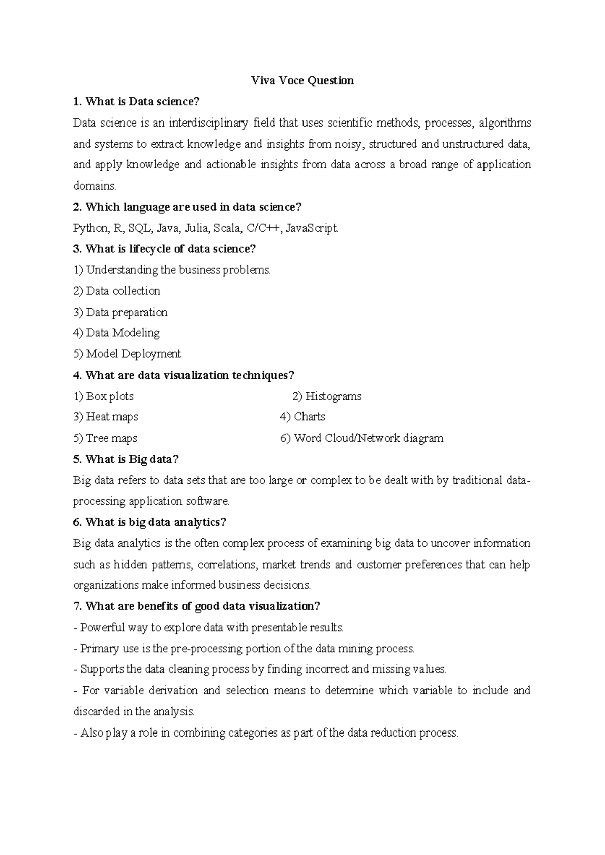 Viva Voce Questions - Data Science Overview and Techniques - Studocu