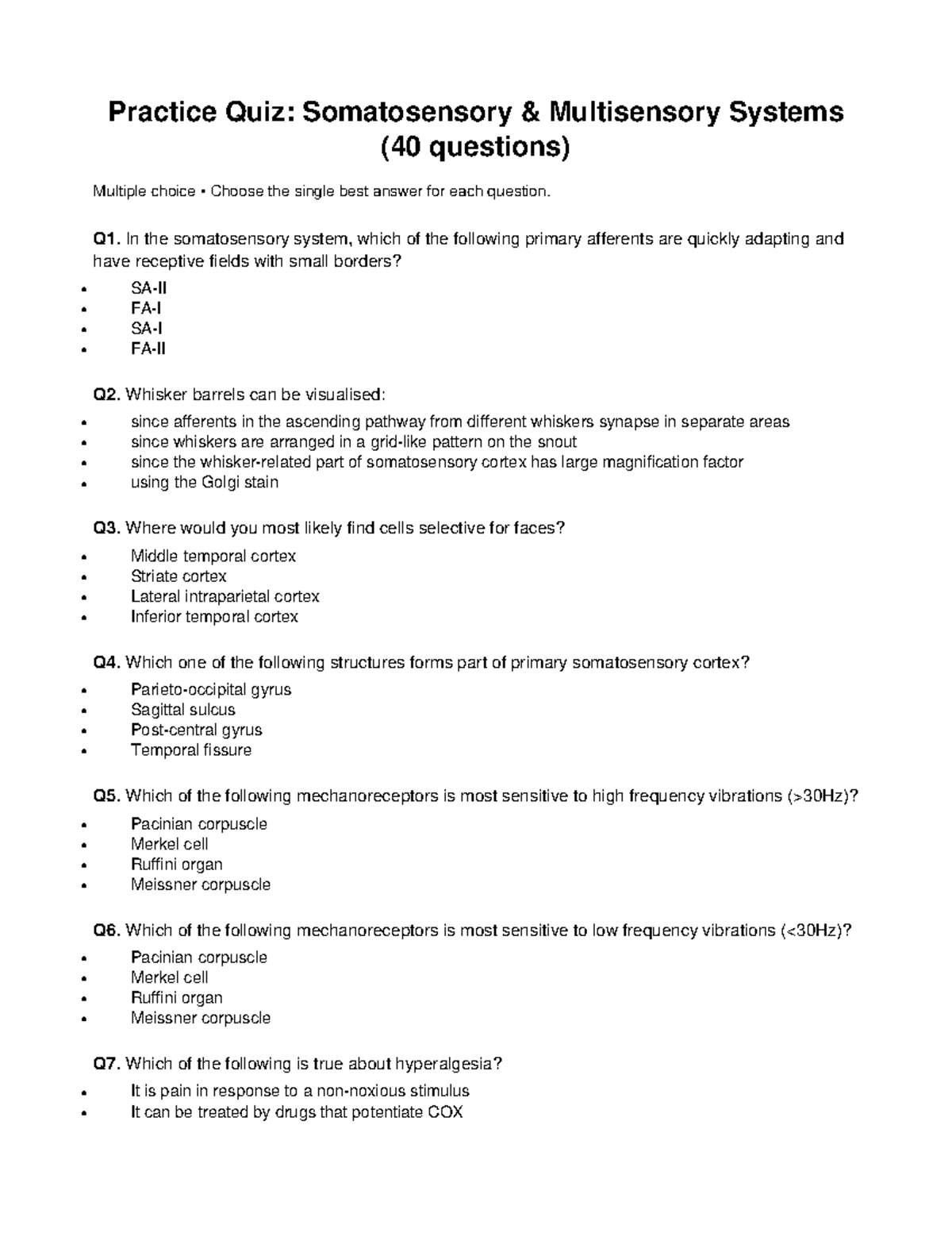 Practice Quiz: Somatosensory & Multisensory Systems (40 Questions ...
