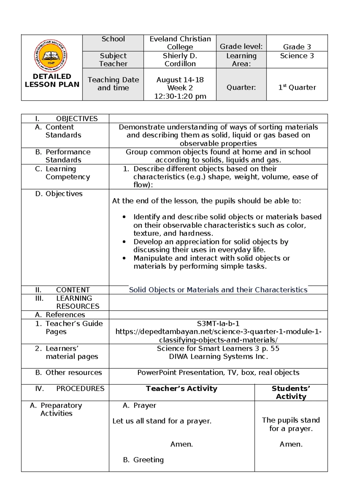 SCI 3 - Q1 - WEEK 3 - LESSON PLAN ON LIQUID PROPERTIES - Studocu
