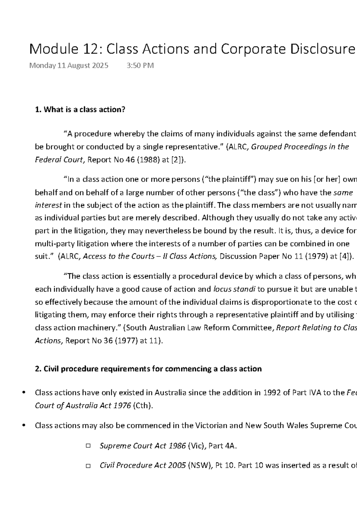 Module 12: Class Actions & Corporate Disclosure Overview - Studocu