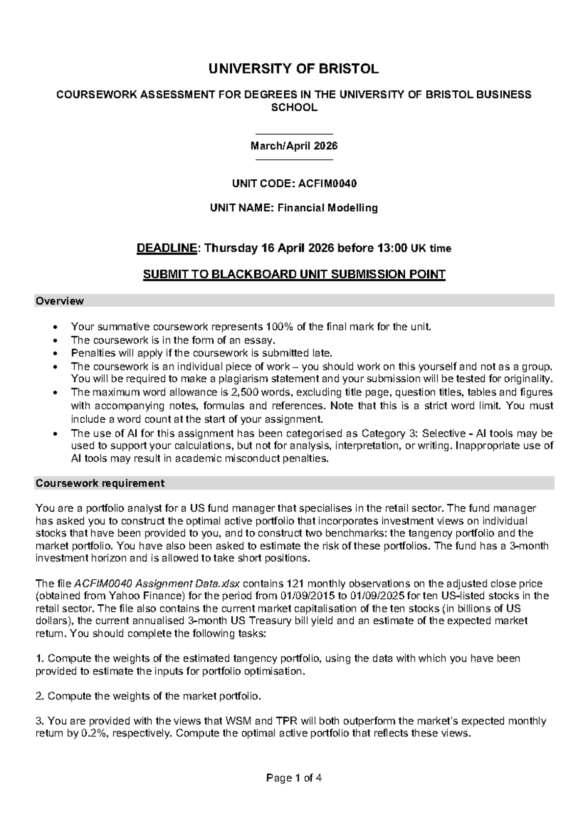 ACFIM0040 Financial Modelling Coursework Guidelines for 2026 - Studocu