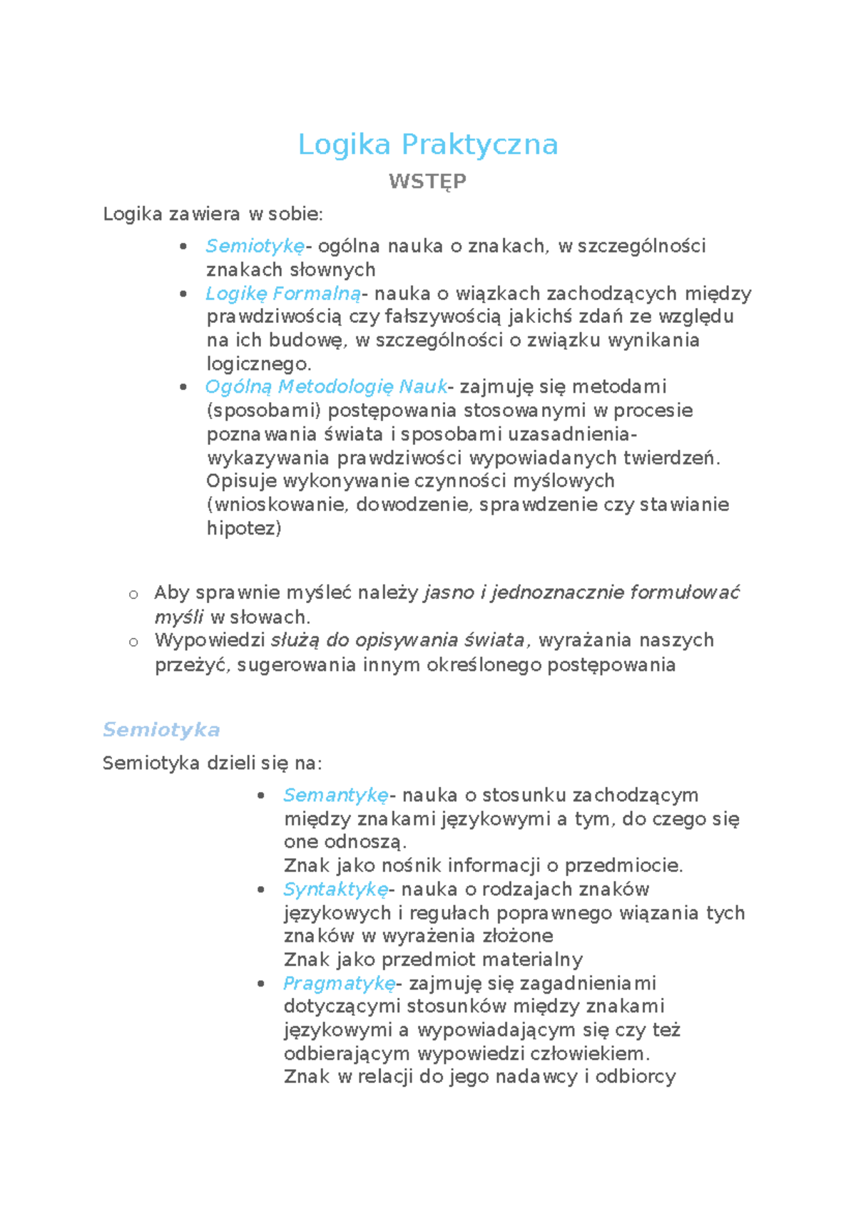 Logika Praktyczna WSTĘP: Znak, Semiotyka i Metodologia - Studocu