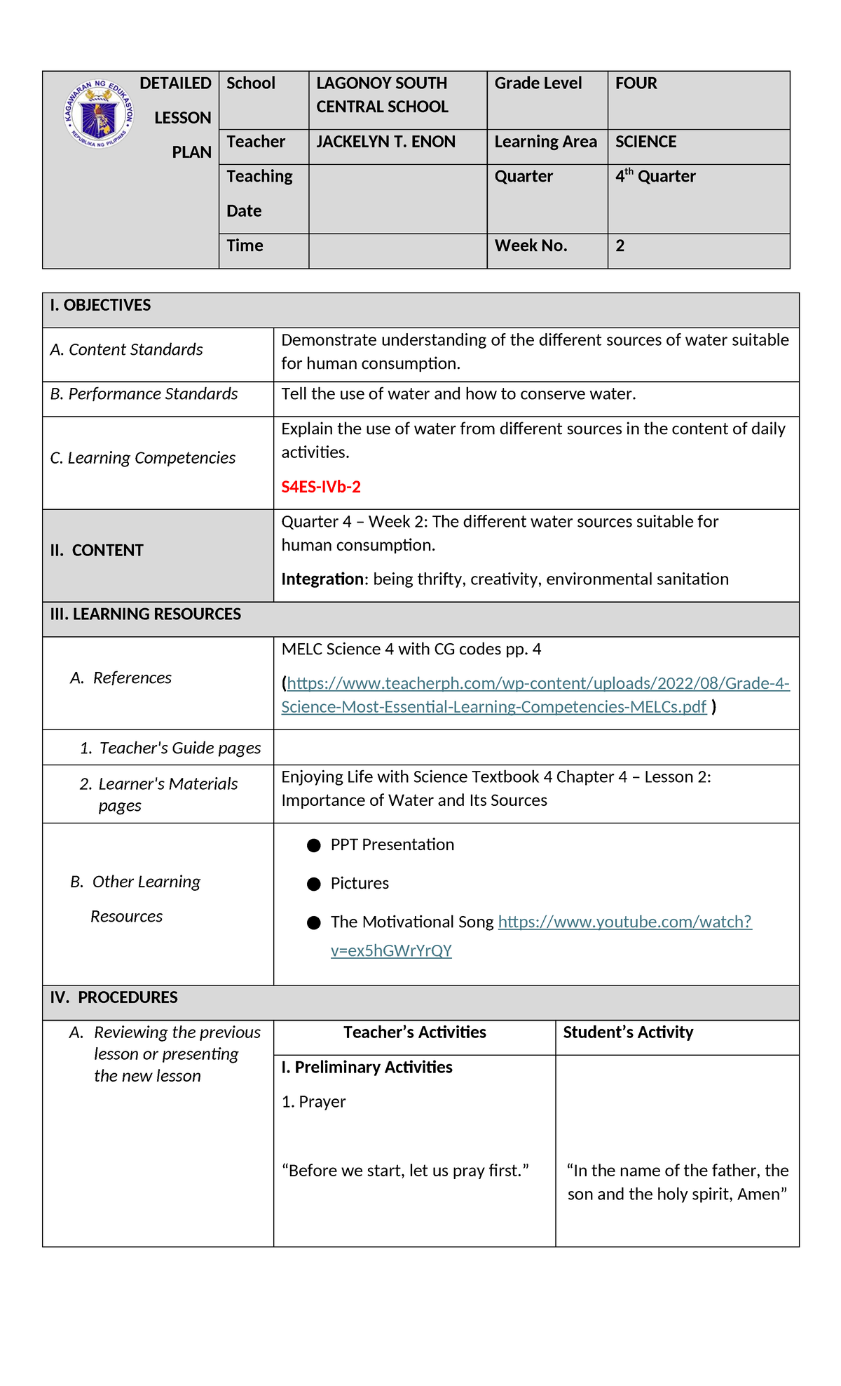 Science 4 - Detailed Lesson Plan on Water Sources and Conservation ...