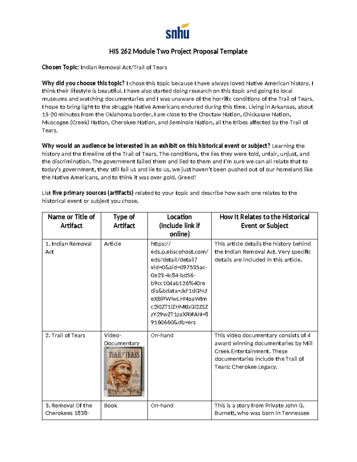 HIS 262 Project Proposal: Exploring the Indian Removal Act/Trail of ...