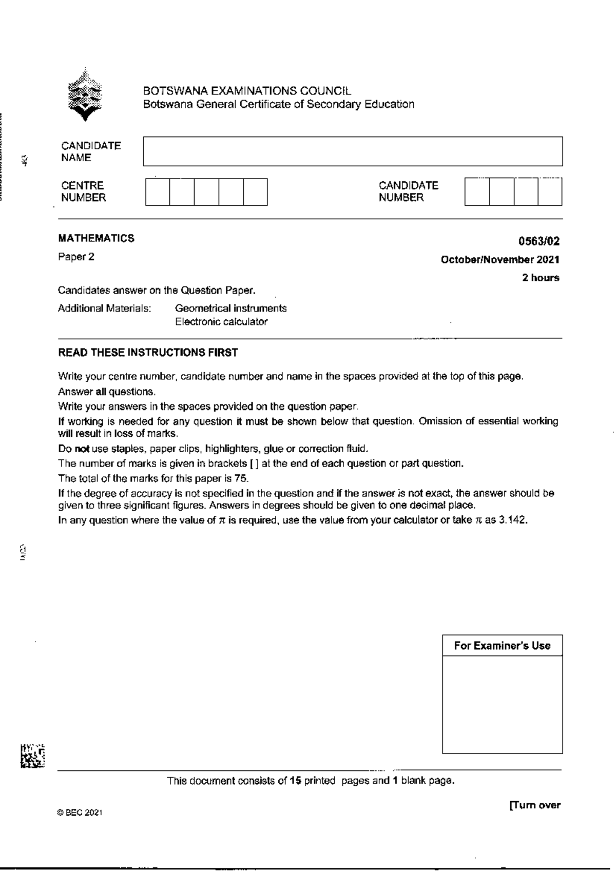 BEC Mathematics PP2 Exam Paper 2021: Candidate Instructions and Content ...