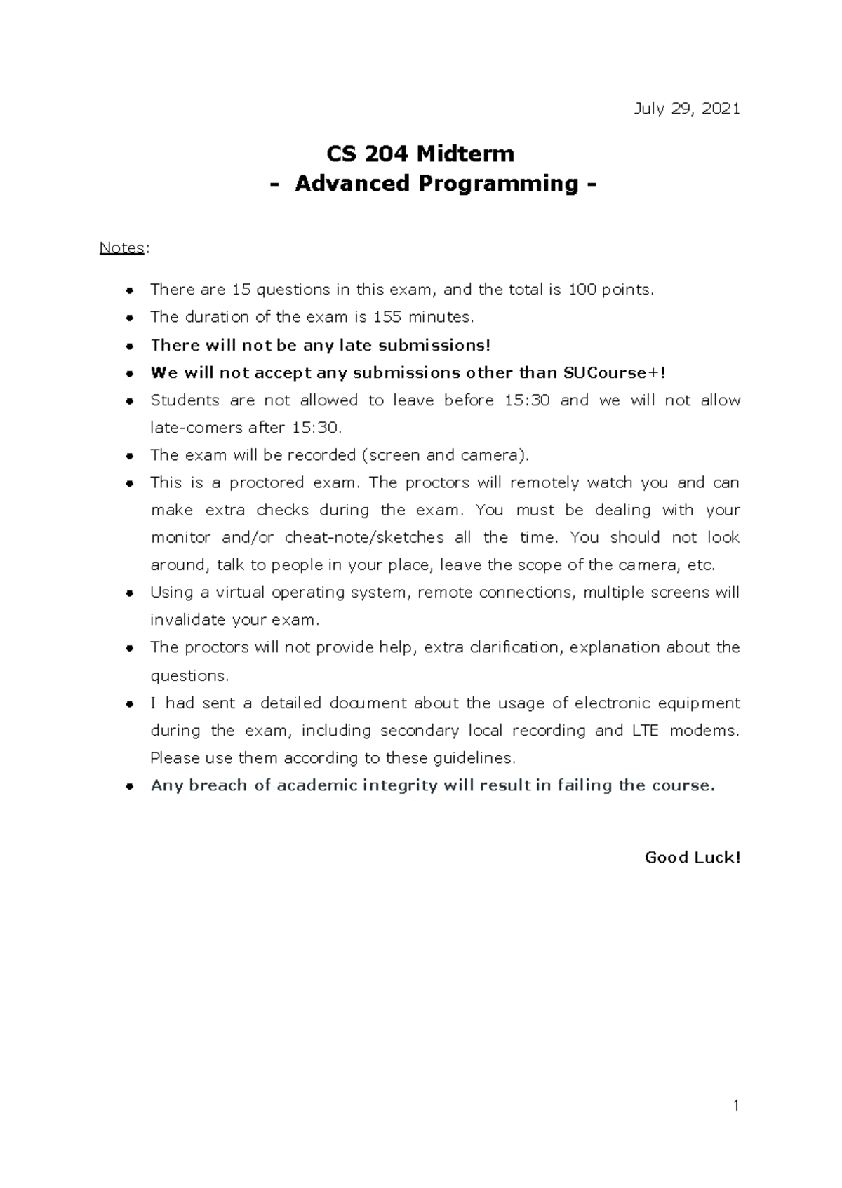 CS 204 Midterm Exam Solutions: Advanced Programming Notes & Guidelines ...