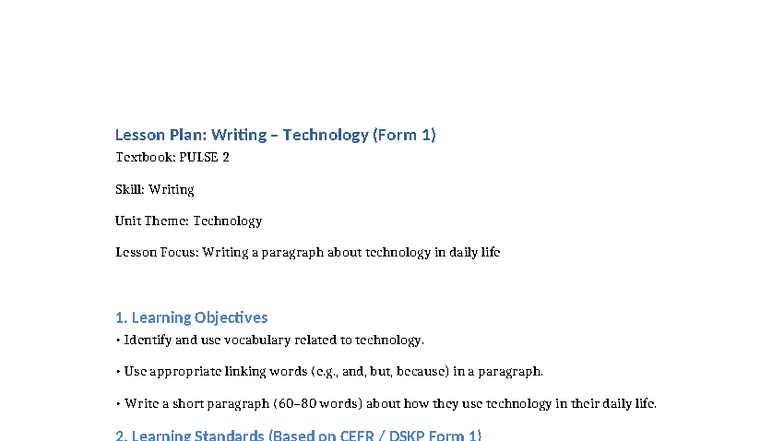 Form 1 Lesson Plan: Writing about Technology in Daily Life - Studocu