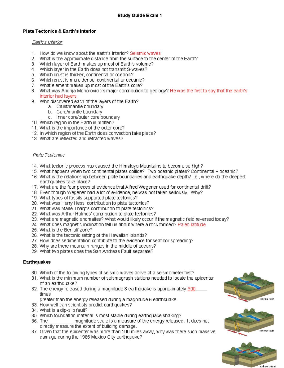 Study Guide for Exam 1: Plate Tectonics & Earthquakes (GEOL 101) - Studocu