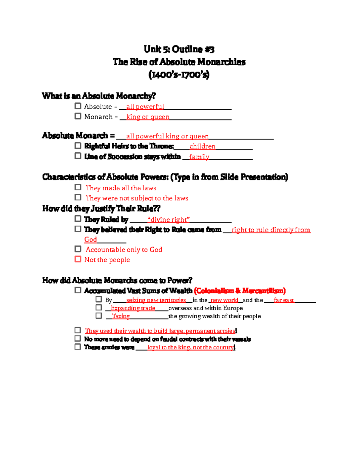 Unit 5: Outline on Absolute Monarchies and Their Characteristics - Studocu