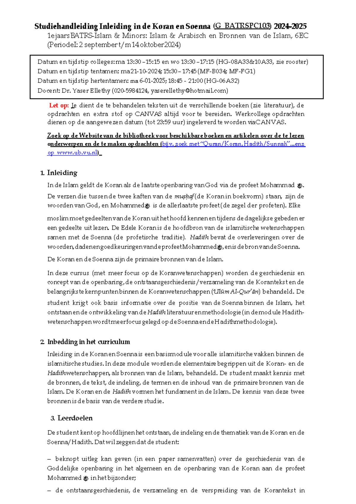 Studiehandleiding Inleiding in de Koran en Soenna (G_BATRSPC103) 2024 ...