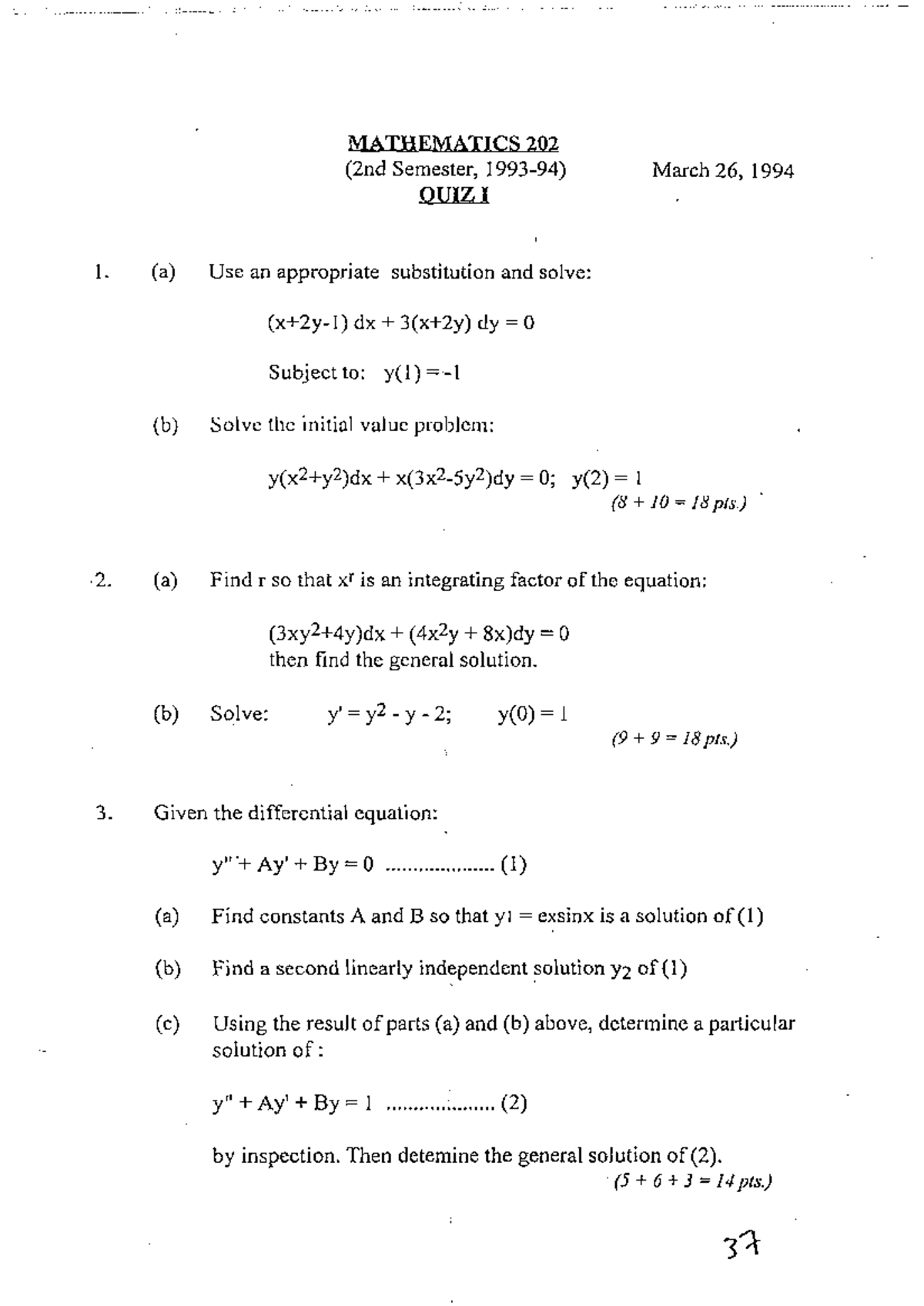 Exam1 Spring with sol - MATHEMATICS 202 (2nd Semester, March 26, 1994 ...