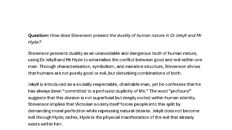 ENG 201 - Essay Notes on Duality in Dr Jekyll and Mr Hyde - Studocu