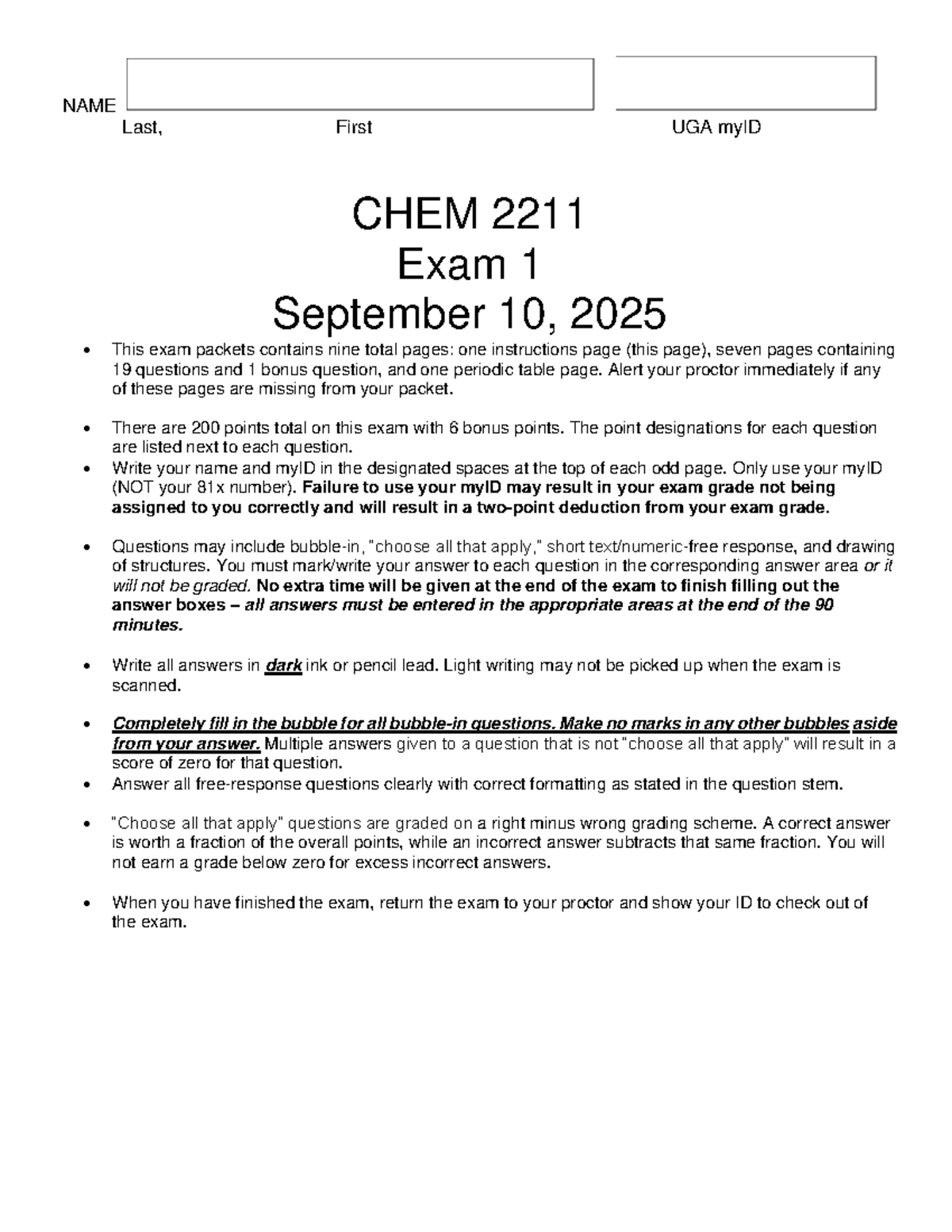 CHEM 2211 Fall 2025 Exam 1 - Instructions and Key - Studocu