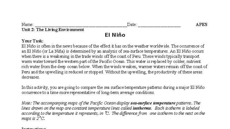 El Niño Coloring Activity: Understanding Temperature Patterns in APES ...