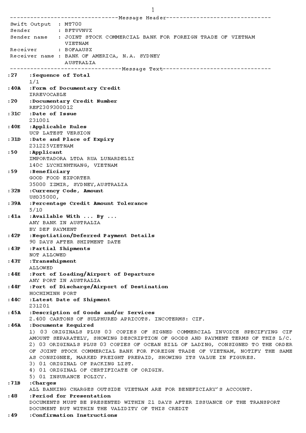 MT700 Documentary Credit Template - Joint Stock Bank for Foreign Trade ...