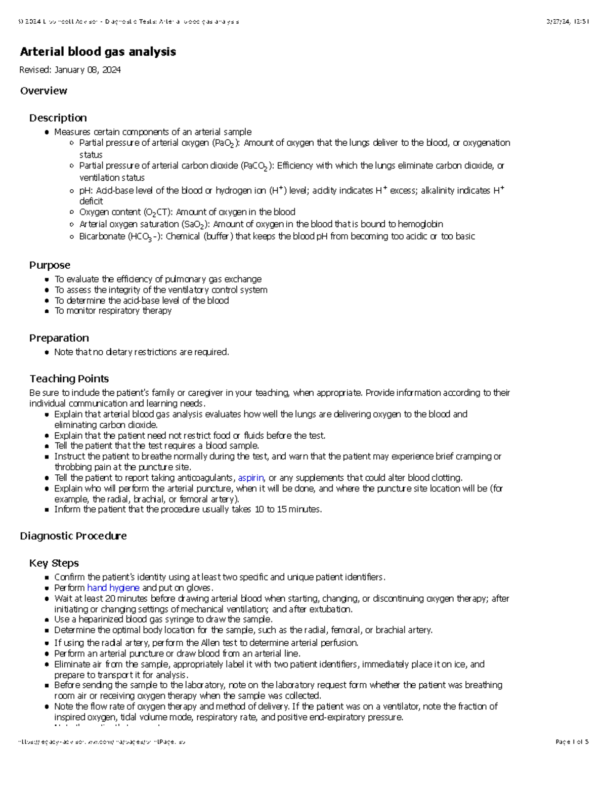 Lippincott Advisor: Arterial Blood Gas Analysis Overview & Guide - Studocu