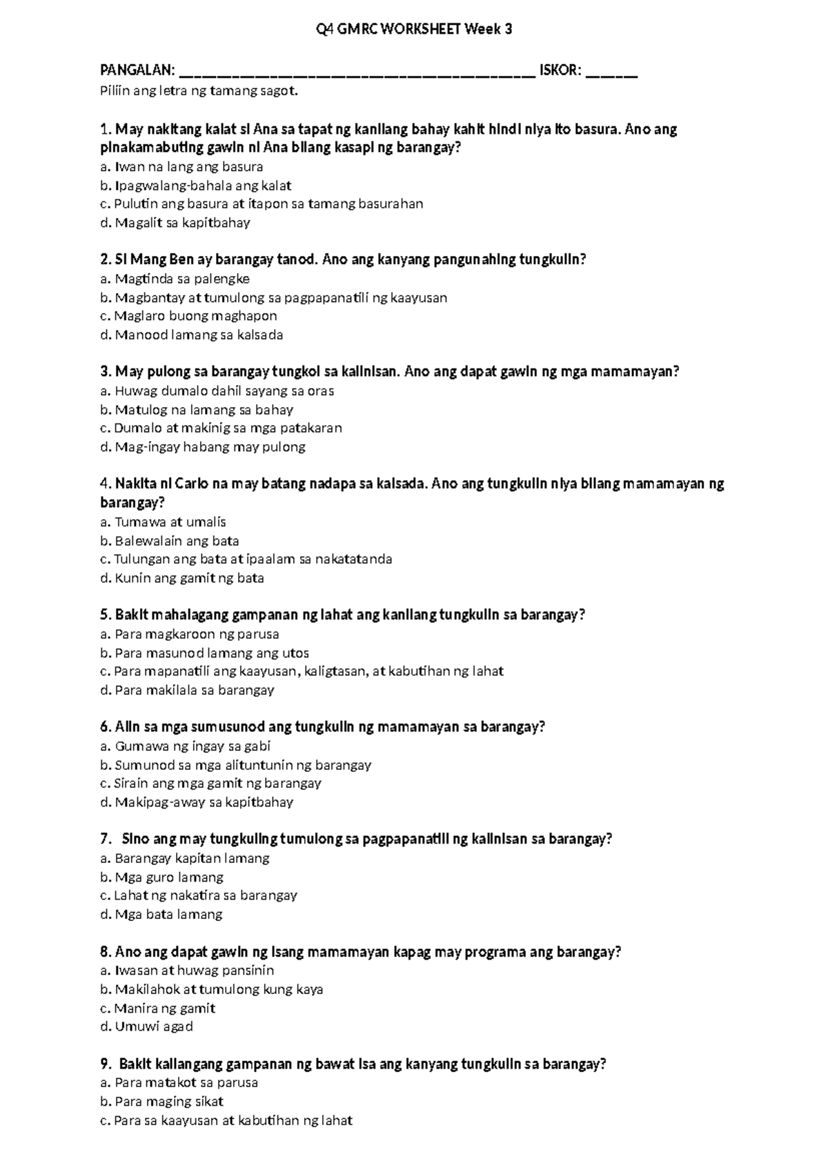 Q4-GMRC Worksheet: Week 3 Barangay Responsibilities and Duties - Studocu