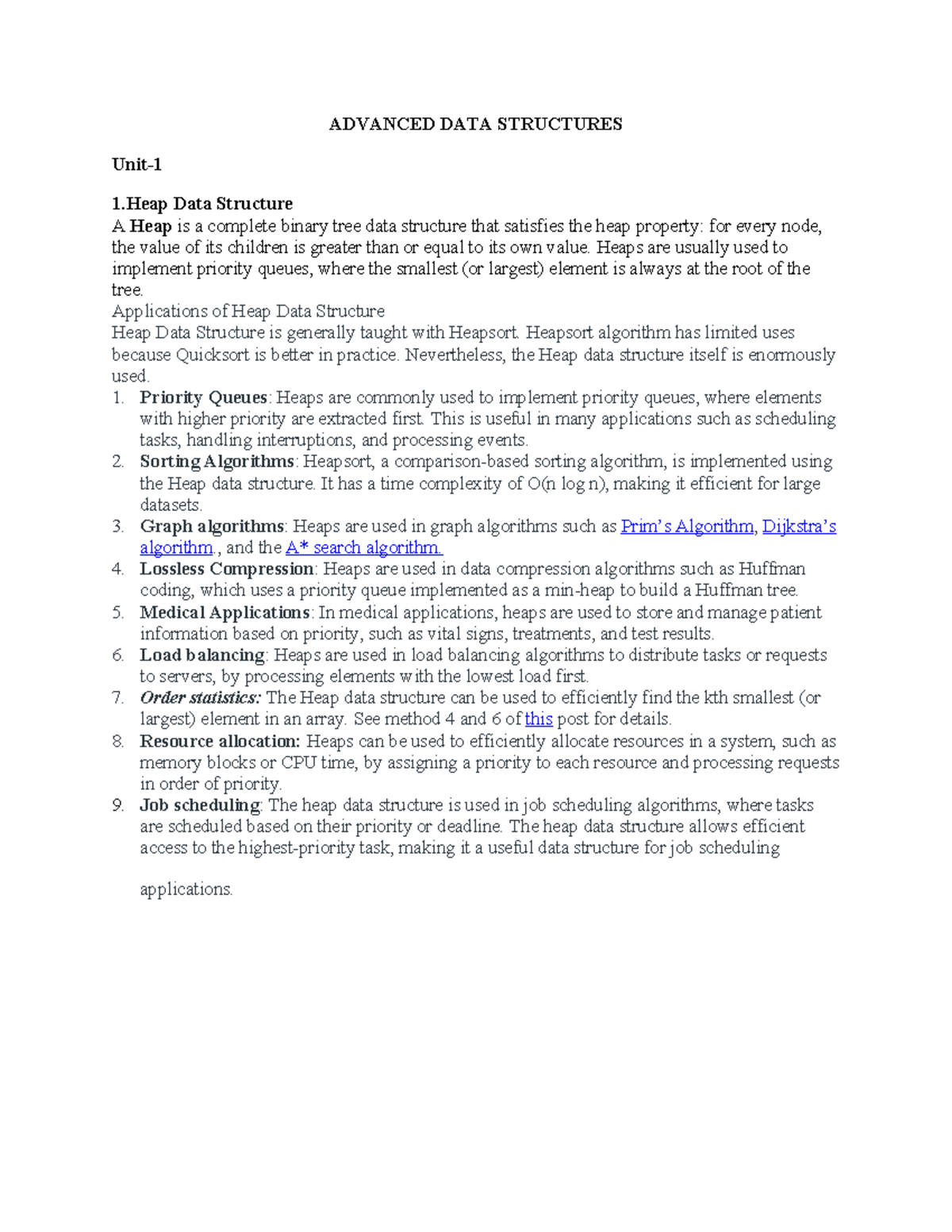 ADVANCED DATA STRUCTURES: Heap Data Structure Overview - Studocu