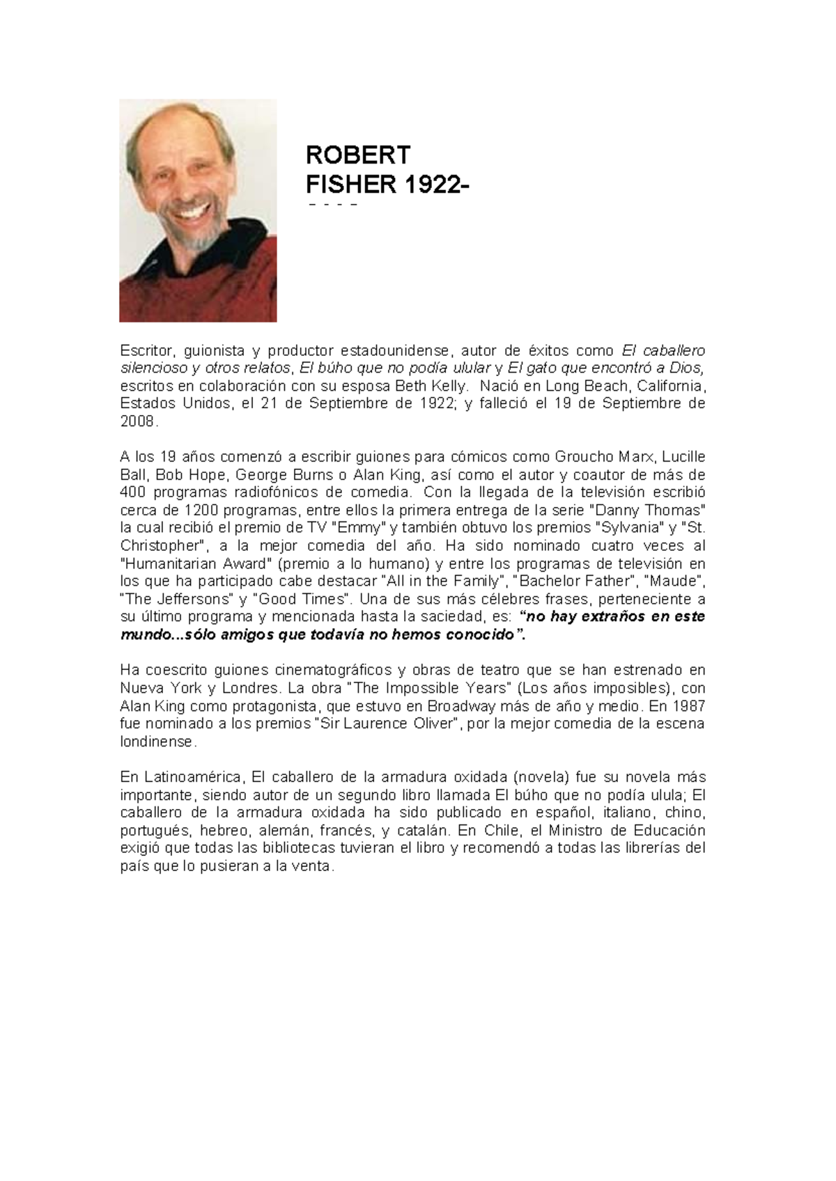 Robert Fisher: Escritor y Guionista Destacado - ASDAD - Studocu