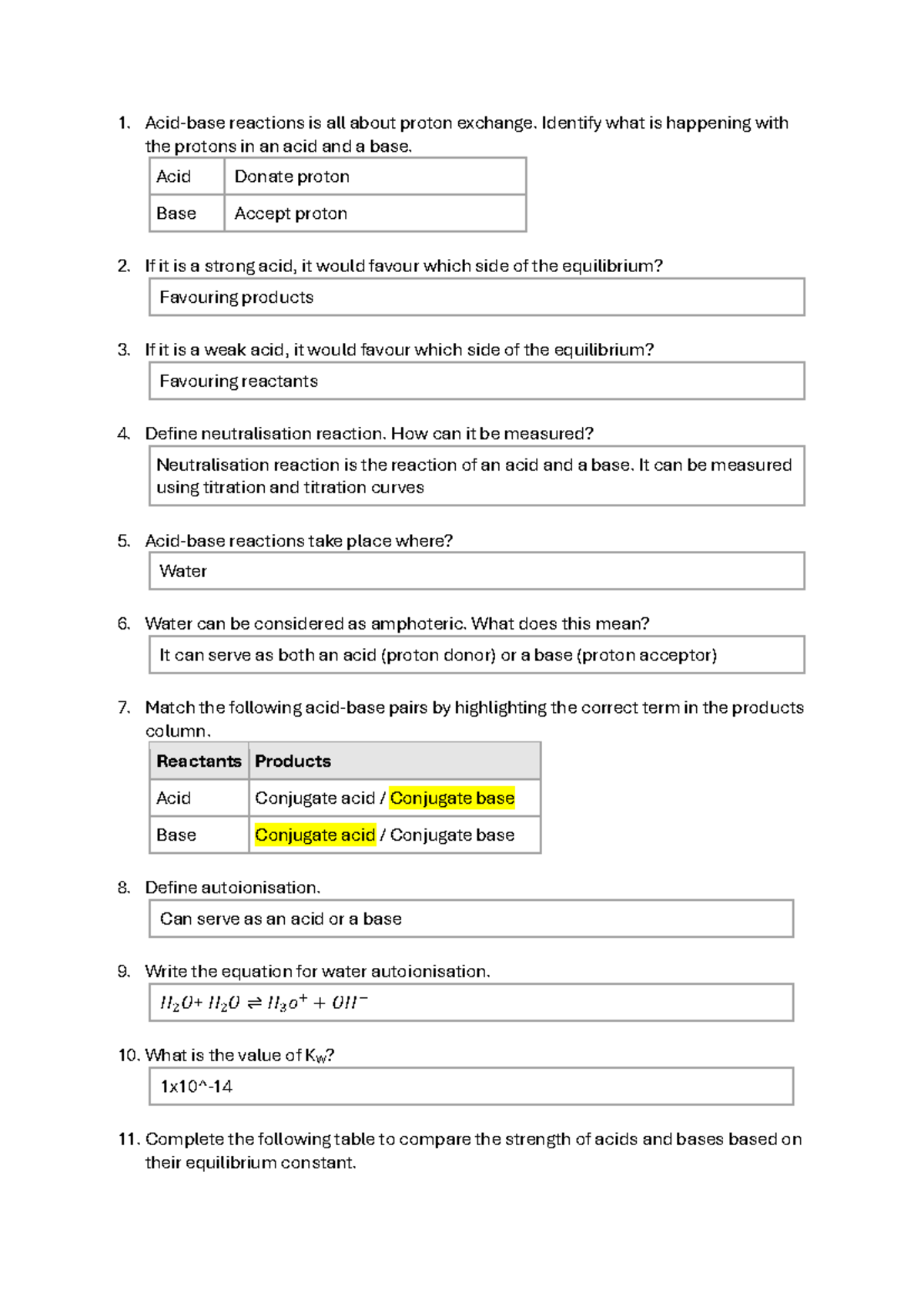 Acid Base Equilibrium Worksheet: Understanding Proton Exchange and ...