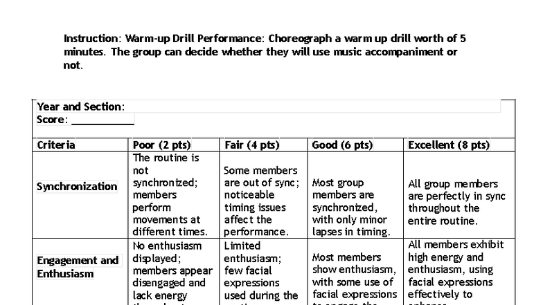 Rubrics for Warm-Up Drills: Locomotor Skills Evaluation - Studocu