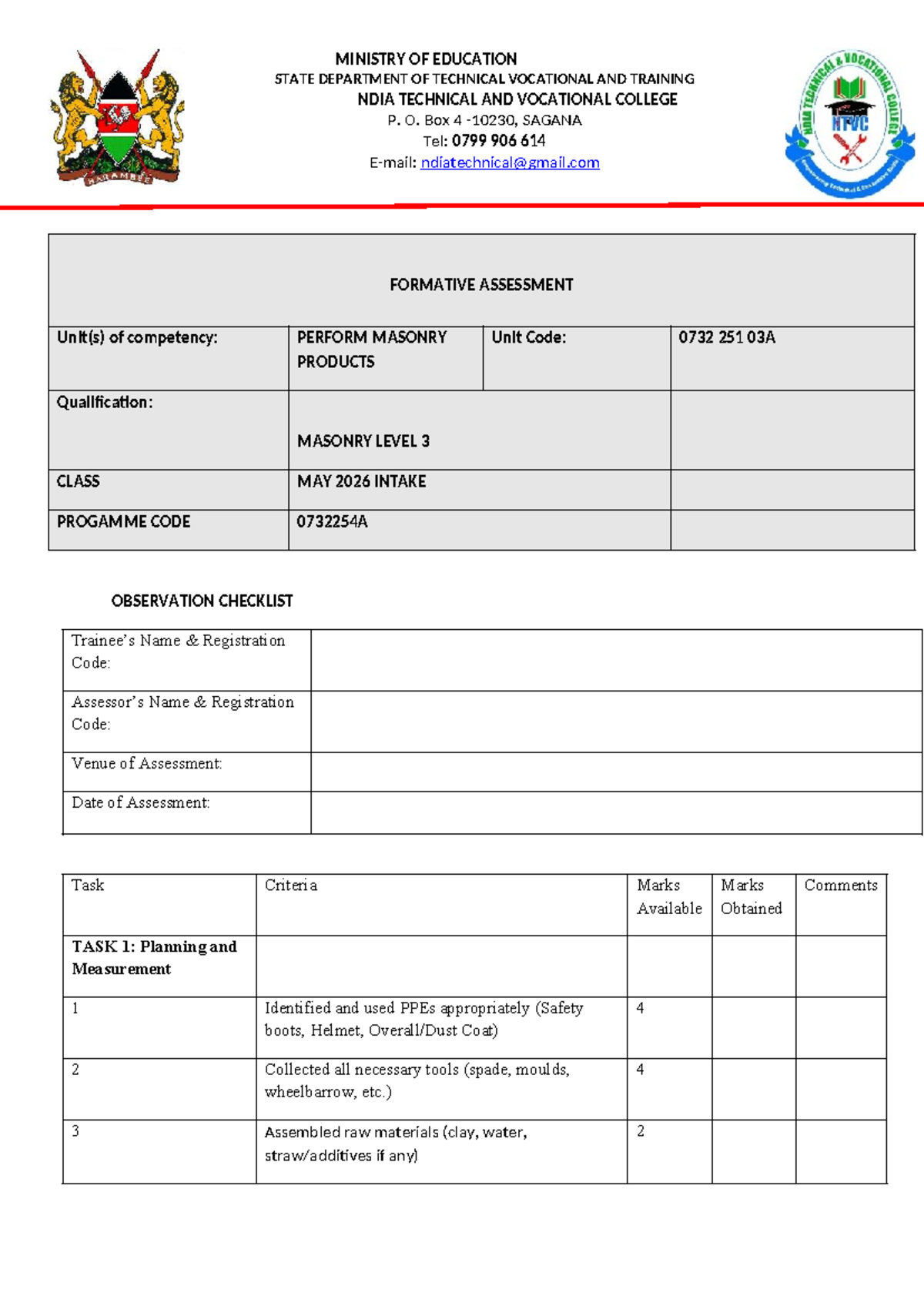 Observation Checklist for Clay Bricks - Formative Assessment 0732 251 ...