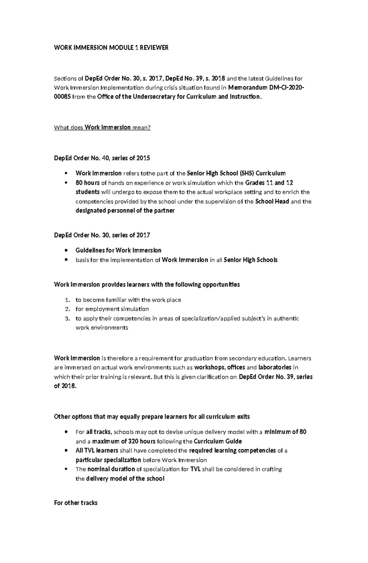 WORK Immersion Comprehensive Reviewer: Modules 1-5 Overview - Studocu