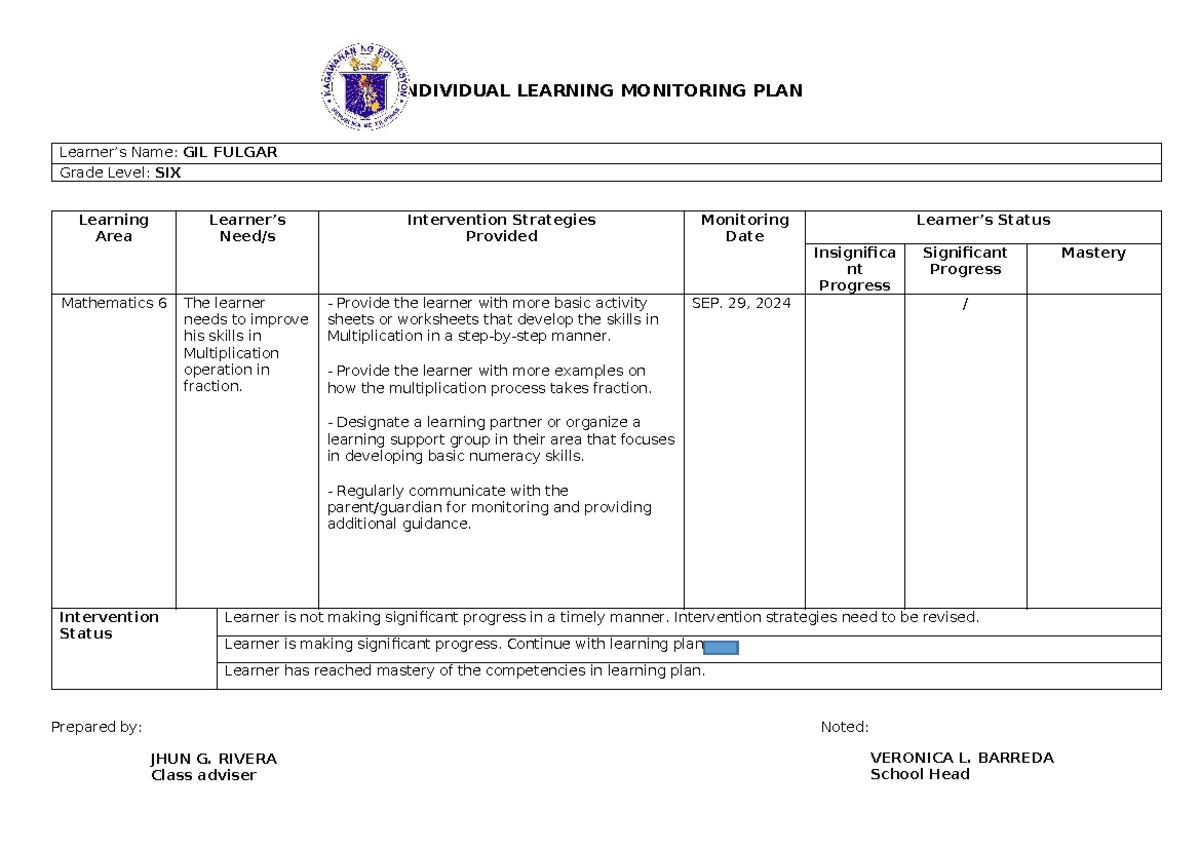 ILMP Sample for Mathematics 6: Monitoring & Intervention Strategies ...