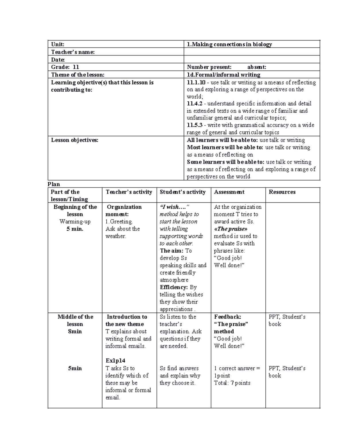 Grade 11 Lesson Plan: Formal & Informal Writing (1d) - Studocu