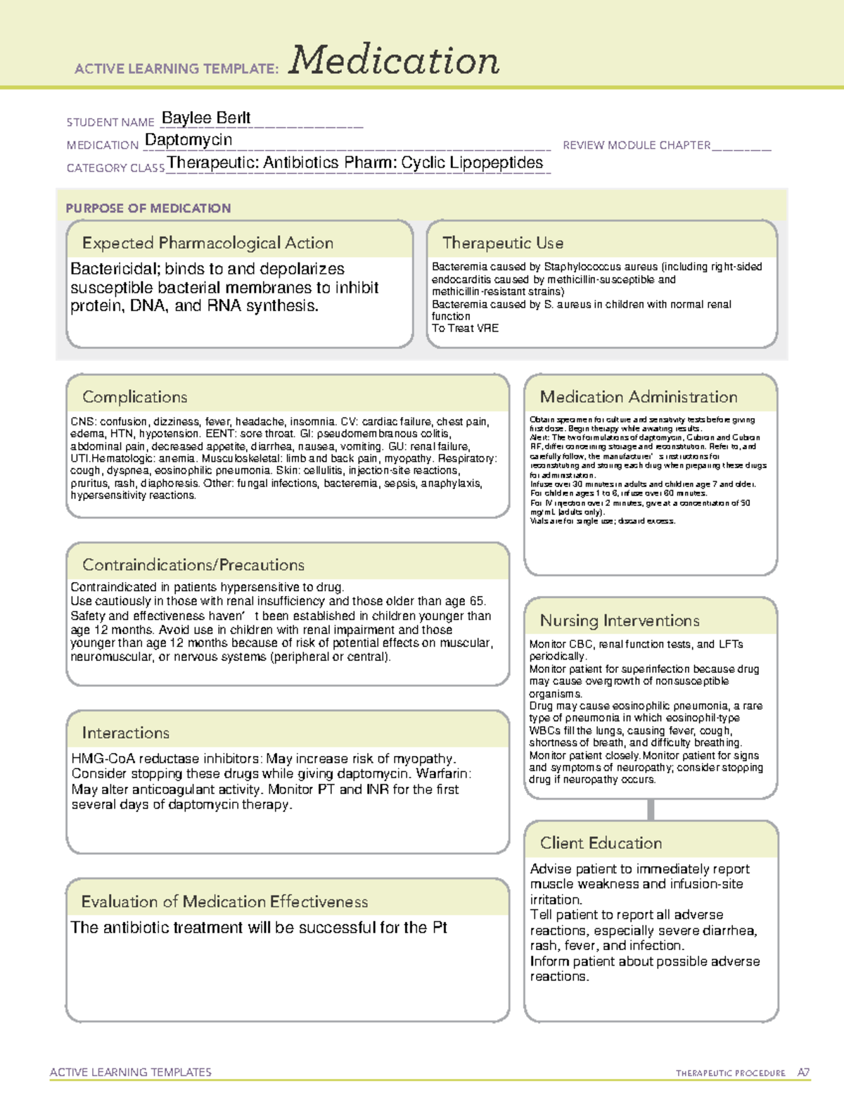 Daptomycin Med Sheet: Active Learning Template for Nursing Students ...
