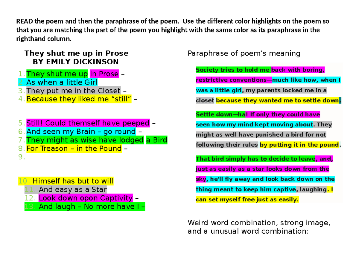 They shut me up in Prose Paraphrase 22 - READ the poem and then the ...