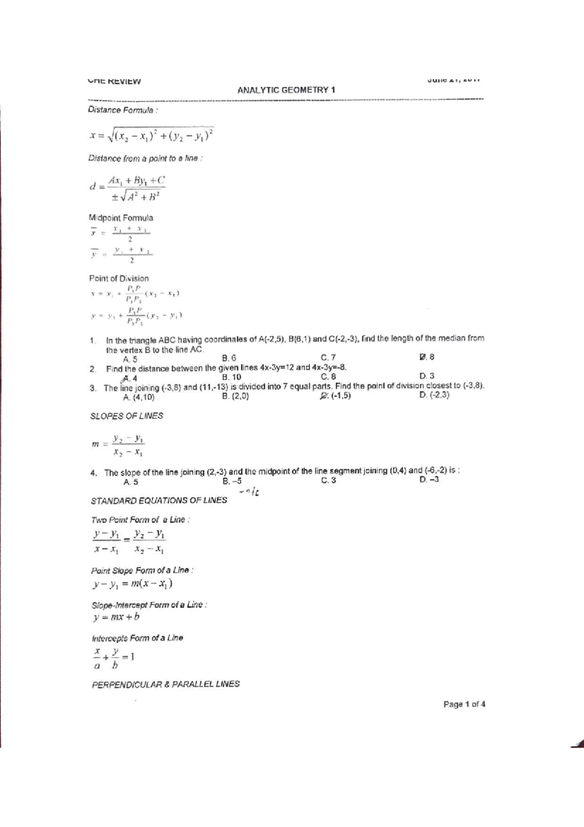 Analytic Geometry - CC1 Final Exam Reviewer and Practice Questions - Studocu