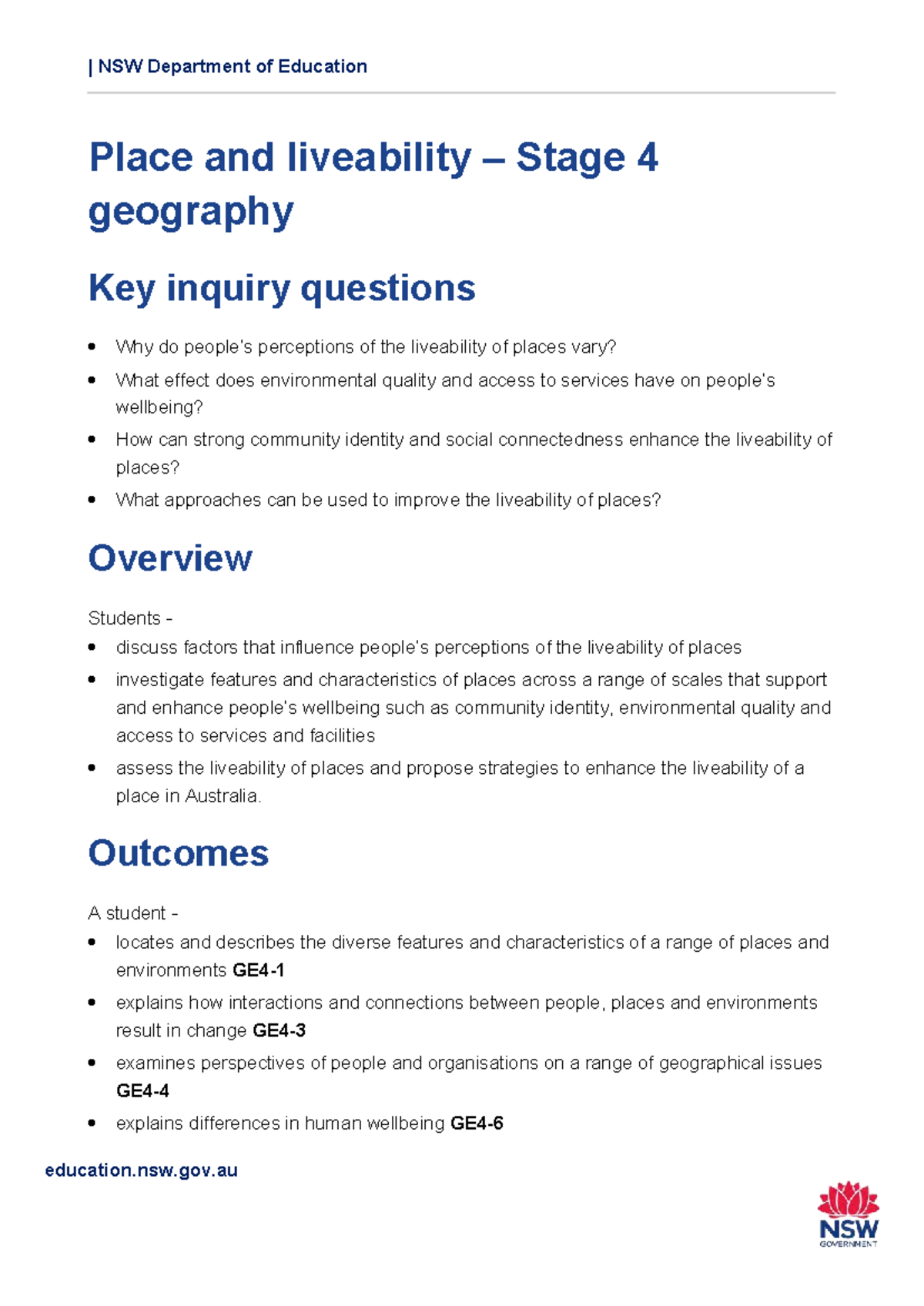 Place and Liveability: Stage 4 Geography Inquiry Questions and ...