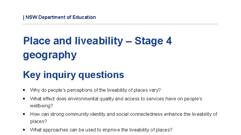 Place and Liveability: Stage 4 Geography Inquiry Questions and ...