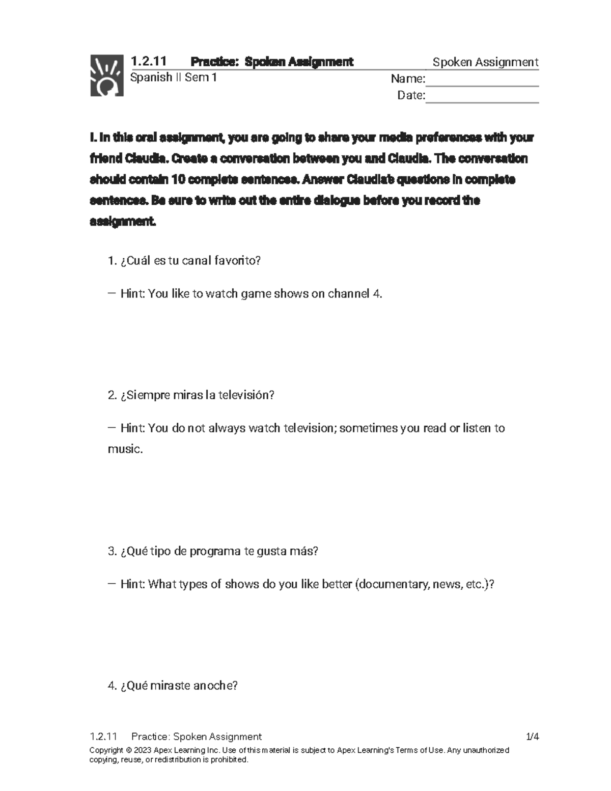 1.2.11 Practice - Spoken Assignment Guide for Spanish II Sem 1 - Studocu