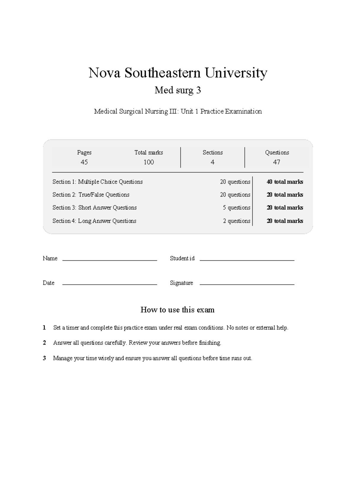 NUR4120 Med Surg 3 NSU Unit 1 Practice Exam 2026 - Studocu