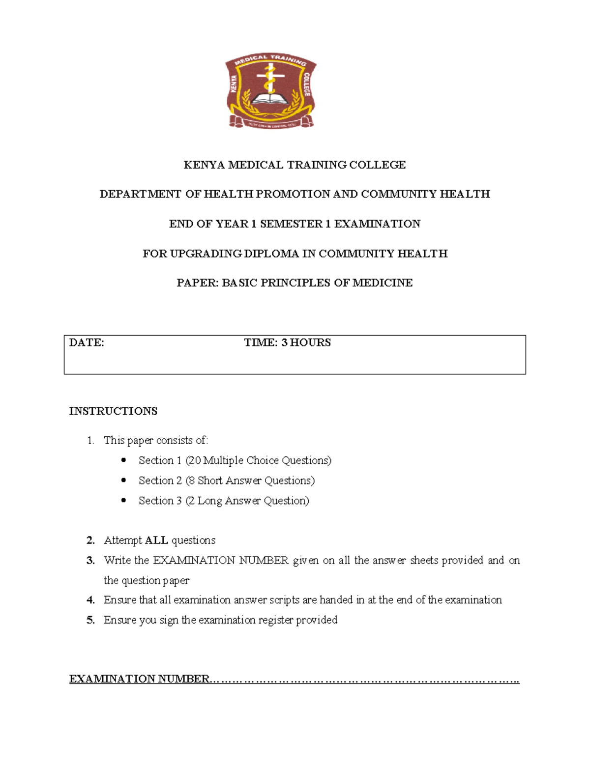 KENYA MEDICAL TRAINING COLLEGE COMMUNITY HEALTH YEAR 1 EXAM PAPER ...