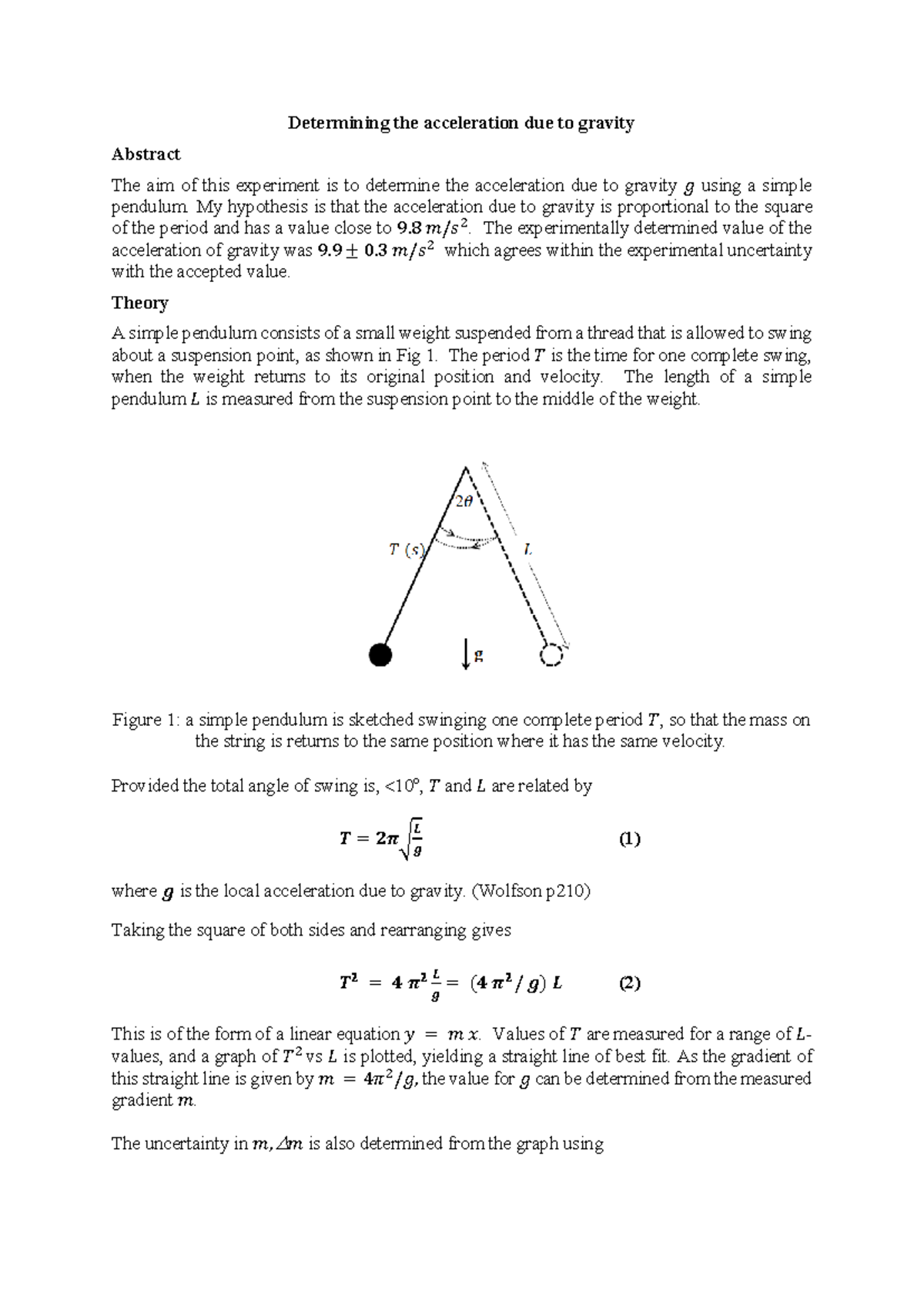 Determining Acceleration Due to Gravity with a Pendulum Experiment - Studocu