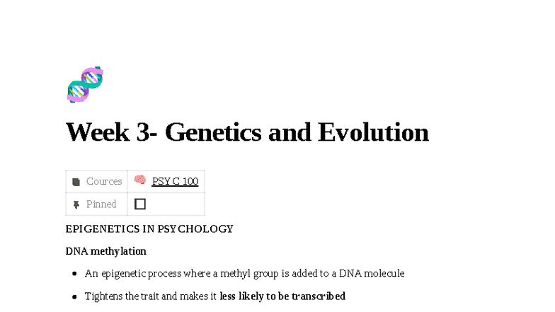PSYC 100 Week 3: Epigenetics and Evolutionary Psychology Insights - Studocu