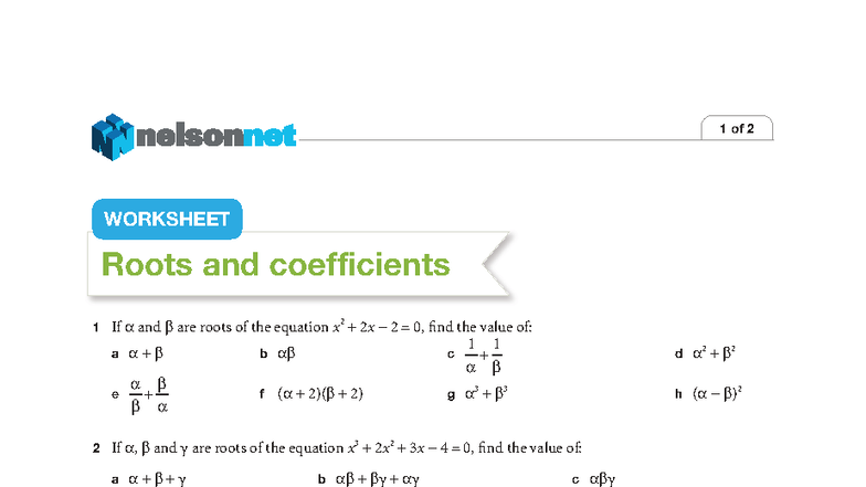 CMIS11WK000054 - Worksheet on Roots and Coefficients - Studocu
