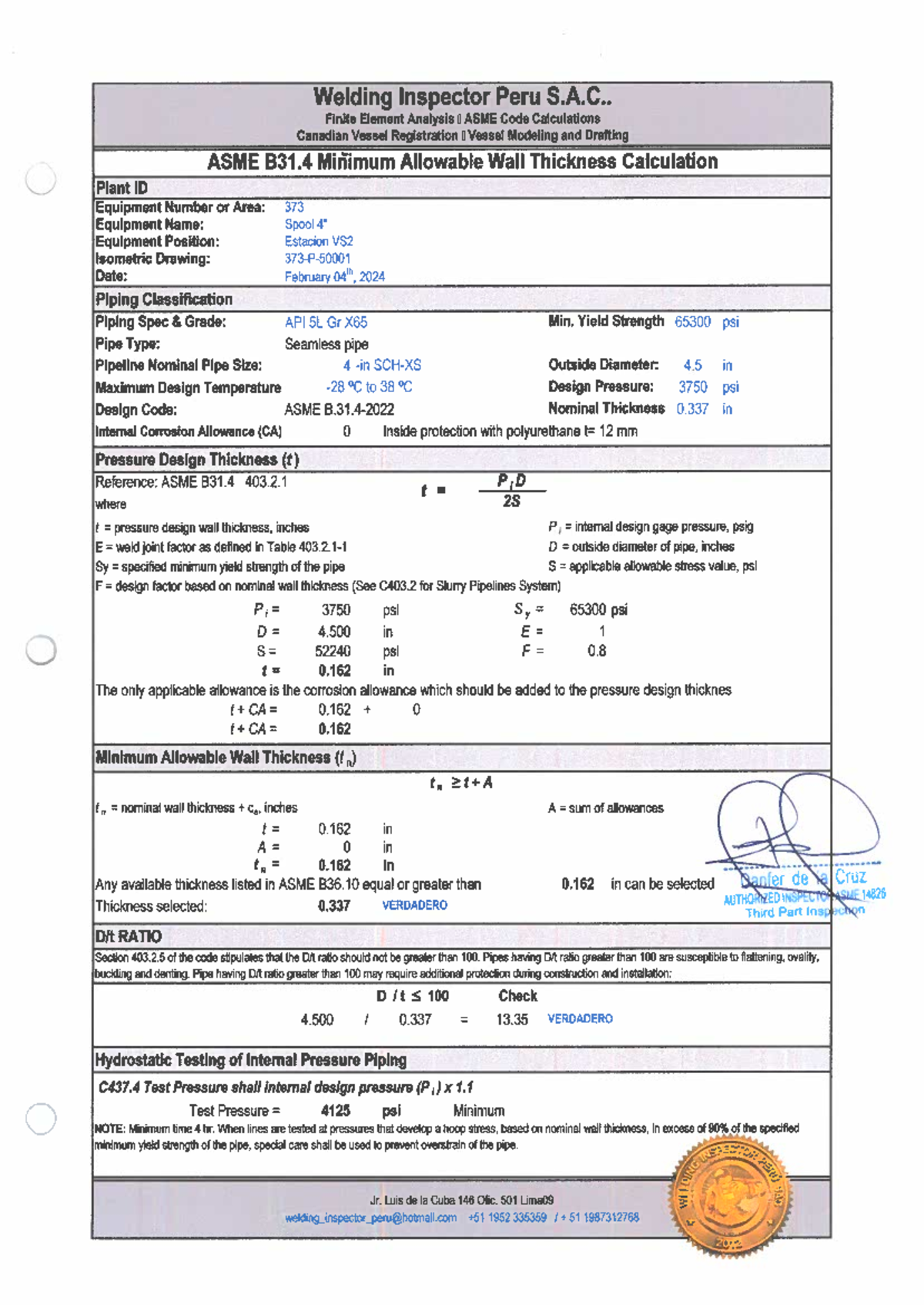 ASME B31.4 (373-P-50001)-002: Welding Inspector & FEA Calculations ...